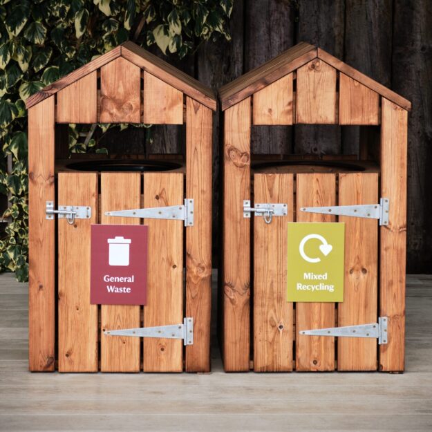 Double Outdoor Wooden Recycling Bin Station - Woodberry