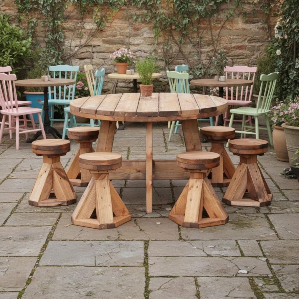 Stirling Chunky Wooden 1.2m Round Table & 6 Stools Set - Woodberry